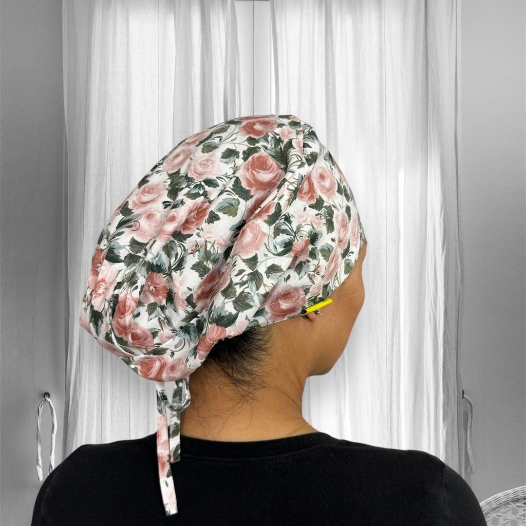 Soft Pink Roses Floral Scrub Caps, Cottage Core Women Scrub Hats ...