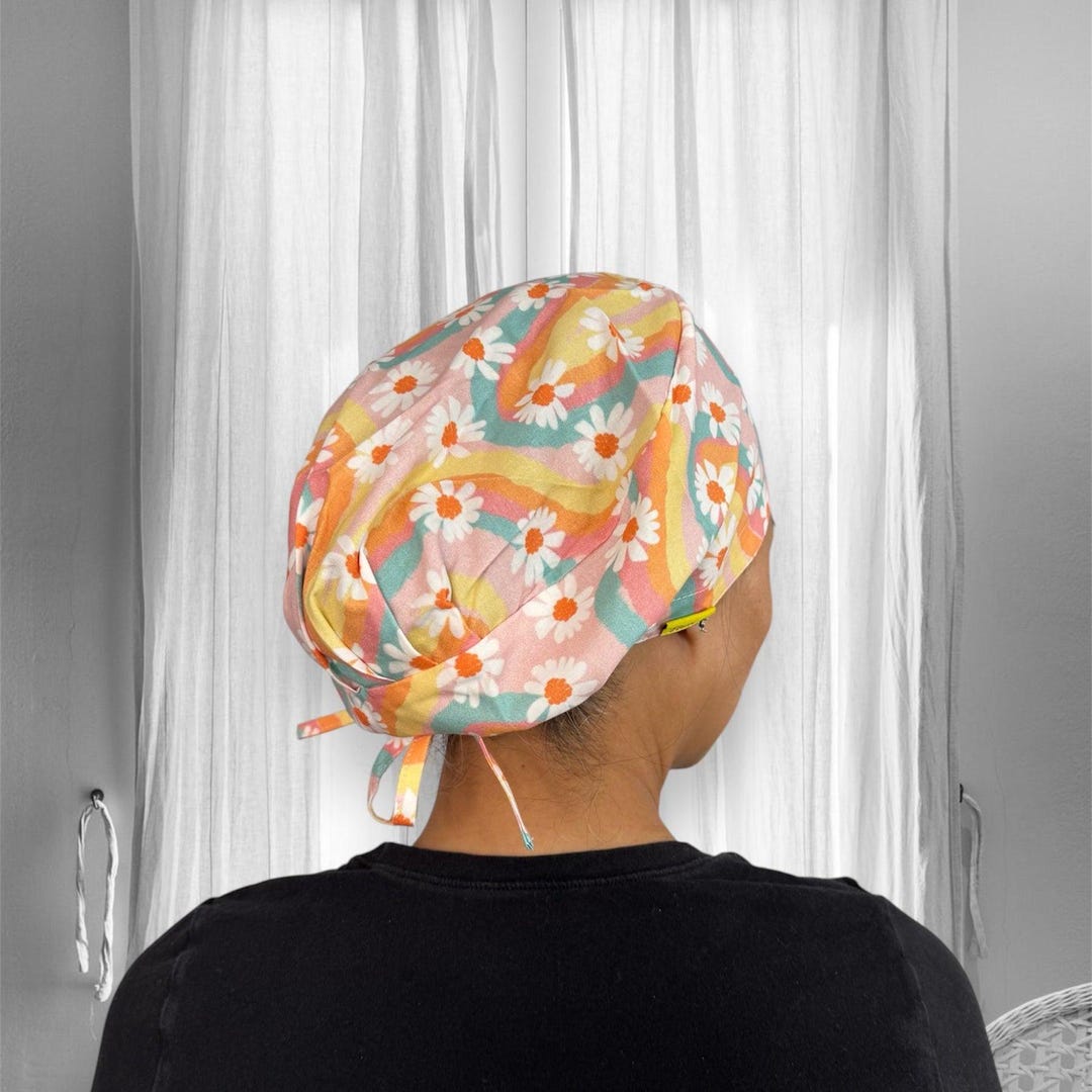 Pastel Rainbow Daisy Scrub Caps, 1960s Scrub Hat, Retro Floral Surgical ...