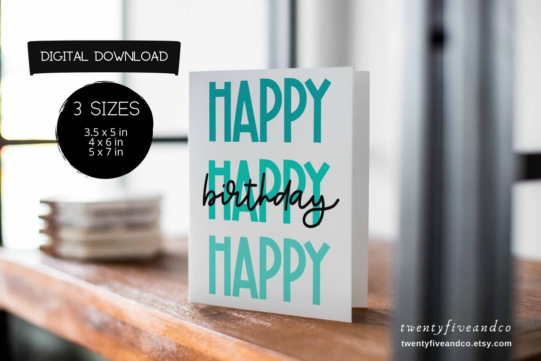 3 SIZES Printable Turquoise Happy Birthday Card Instant - Etsy