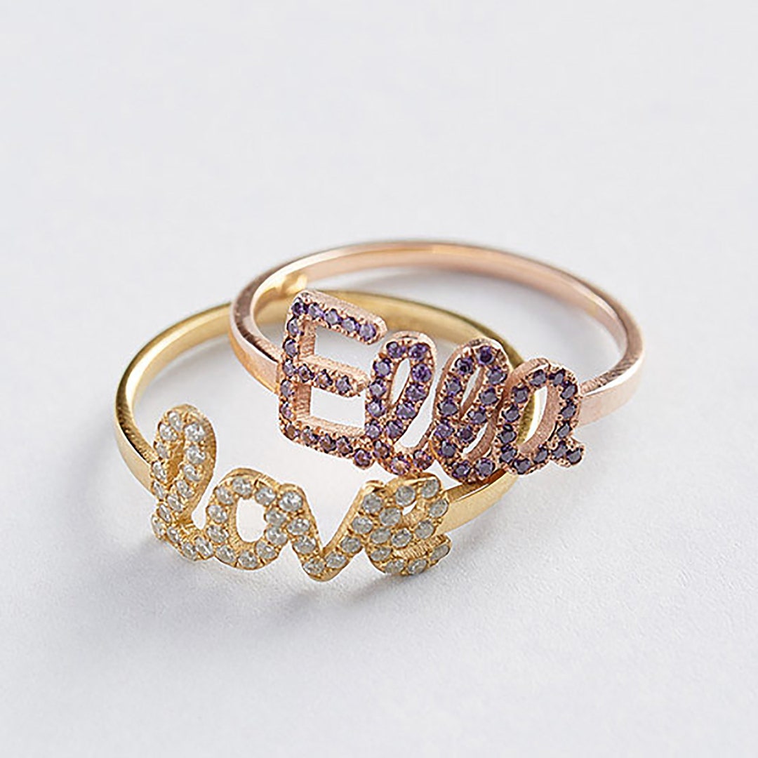 Diamond Name Ring, Birthstone Ring, Pave Stone Name Ring, Custom ...