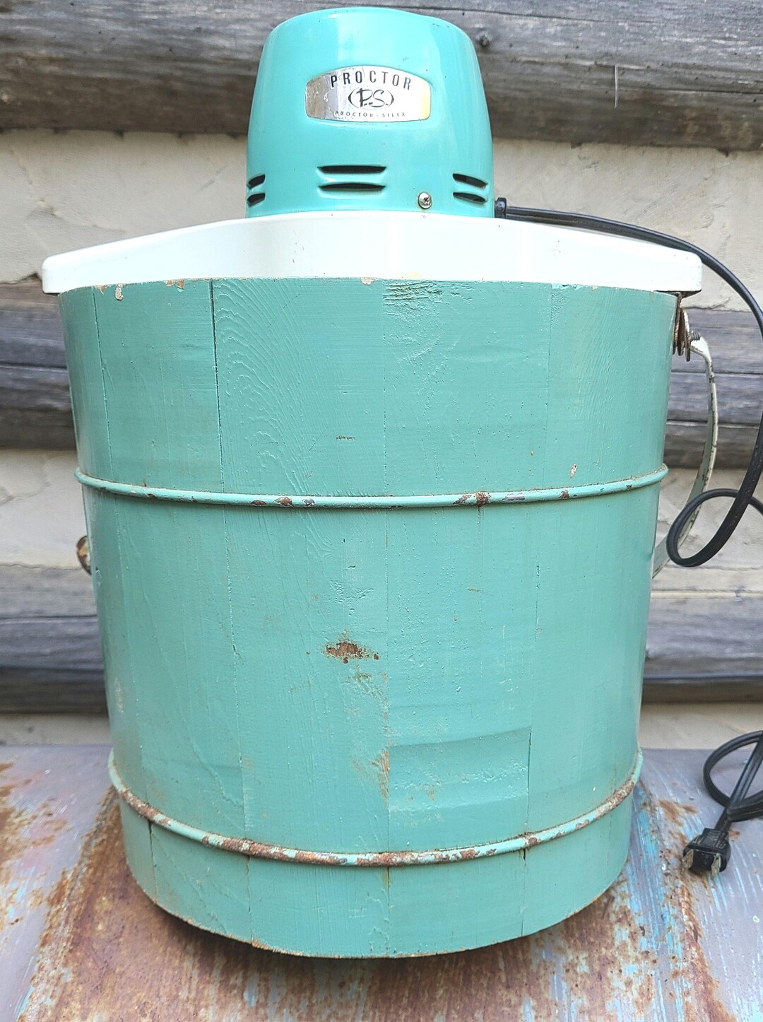 FREE Ship/vintage Ice Cream Maker/proctor Silex/wooden/wood/teal/blue ...