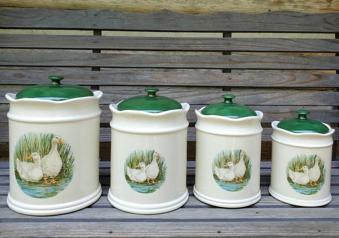 Large Vintage Canister Set- Cream/white/green- Cottage/rustic/ducks ...