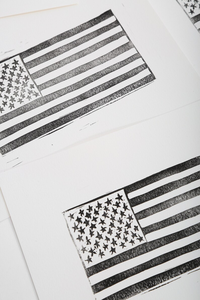 American Flag Block Print | Linoleum Print Black American Flag 8x10 ...