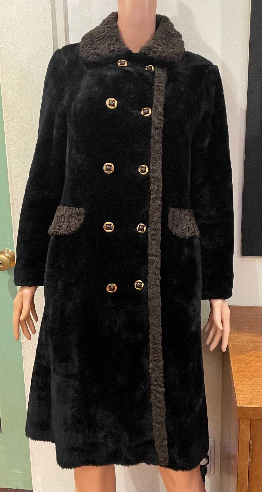 Vintage 70s Black and Brown Faux Fur Coat Fingerhut Fashions Double ...