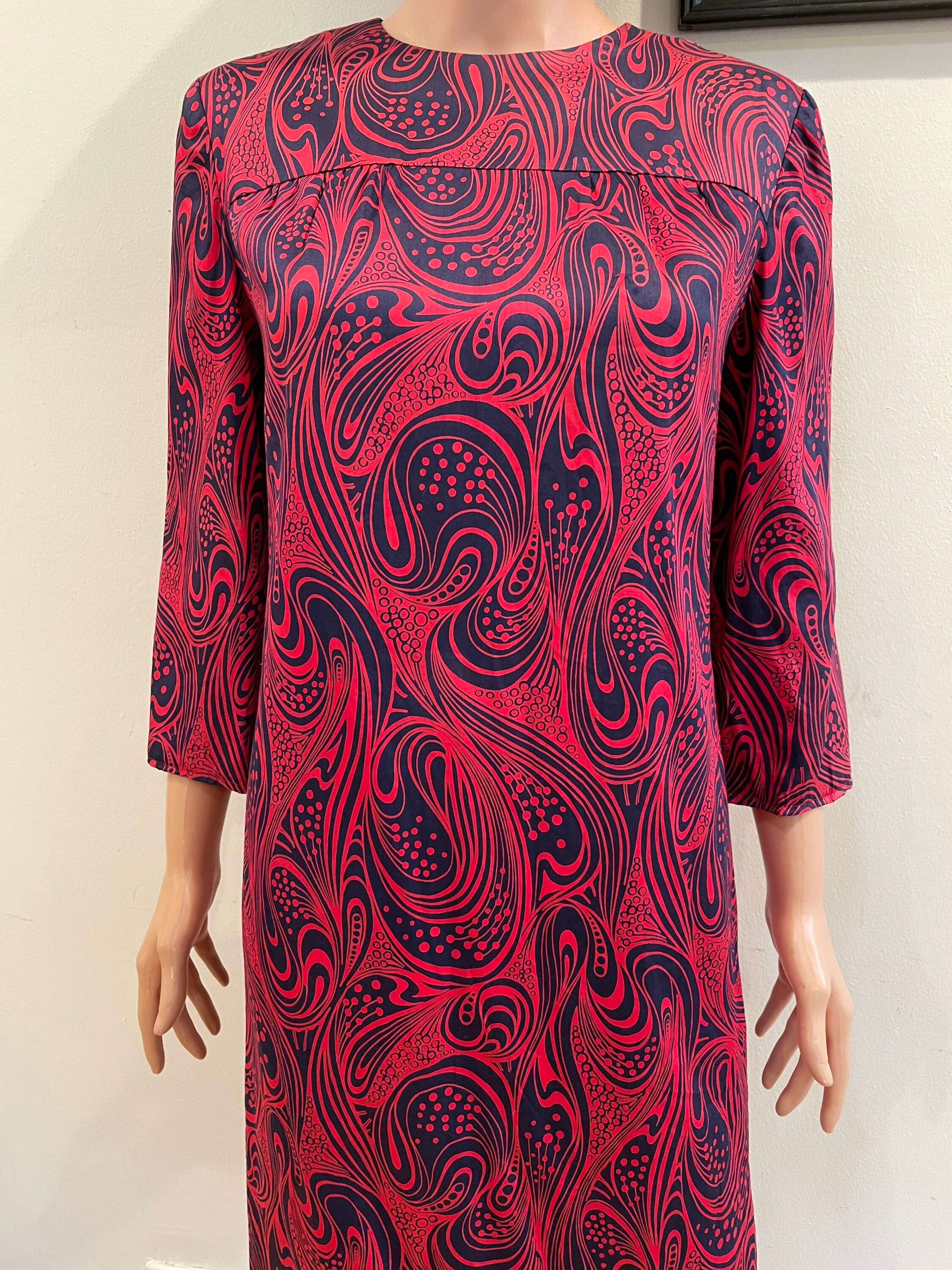 Vintage 60s DYNASTY Psychedelic Swirl Print Dress Red and Navy Blue ...