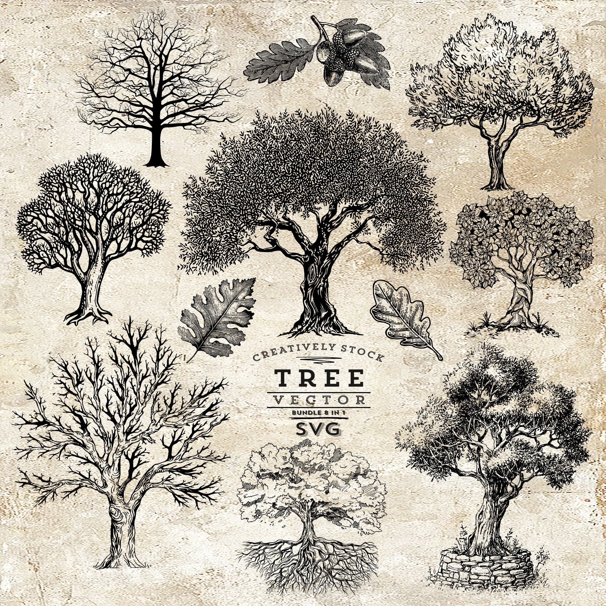 Trees Svg, Leaf, Tree, SVG, Oak Svg, Oak Tree Svg, Oak Tree Vintage ...