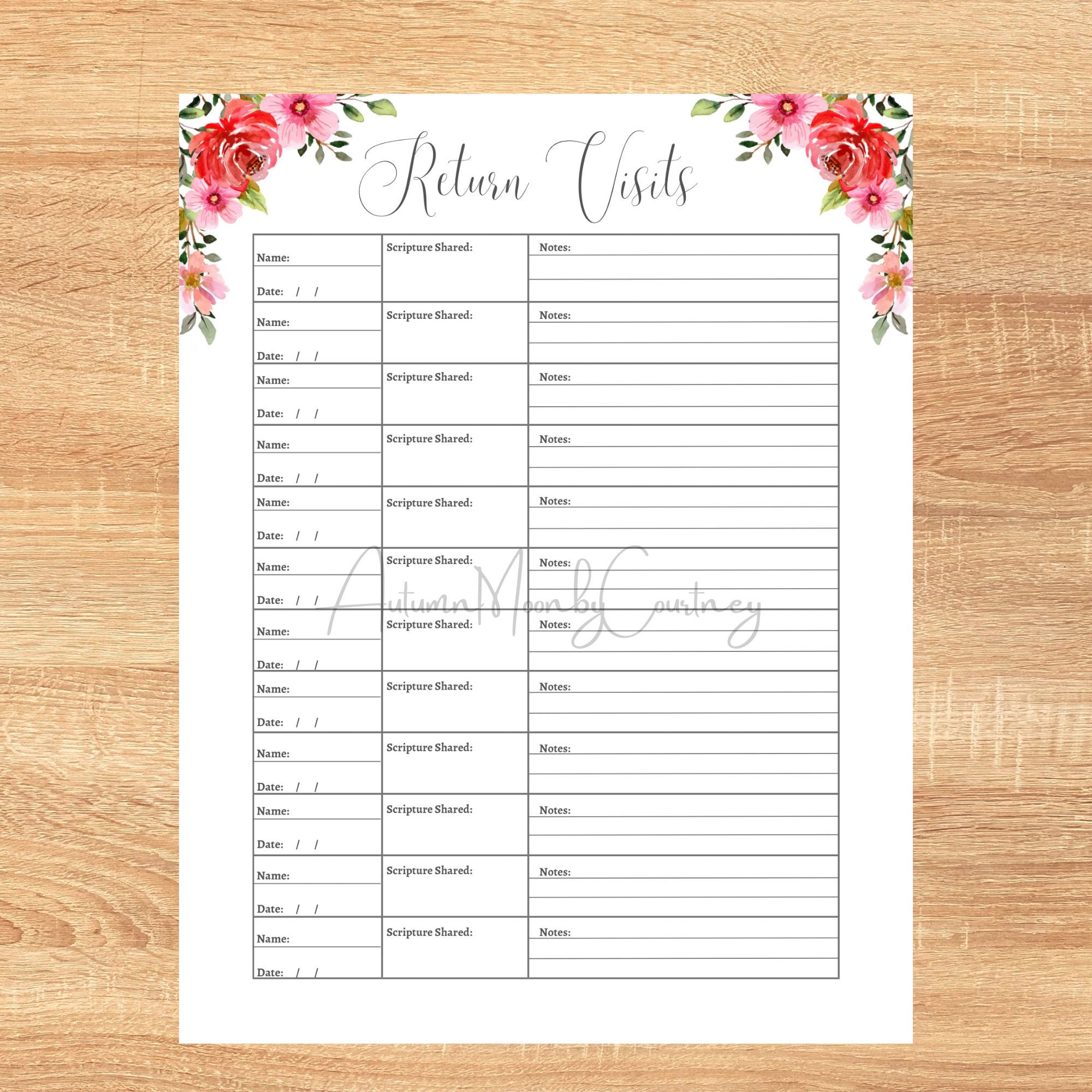 JW Return Visit Printable Document (red & Pink Floral) - Etsy