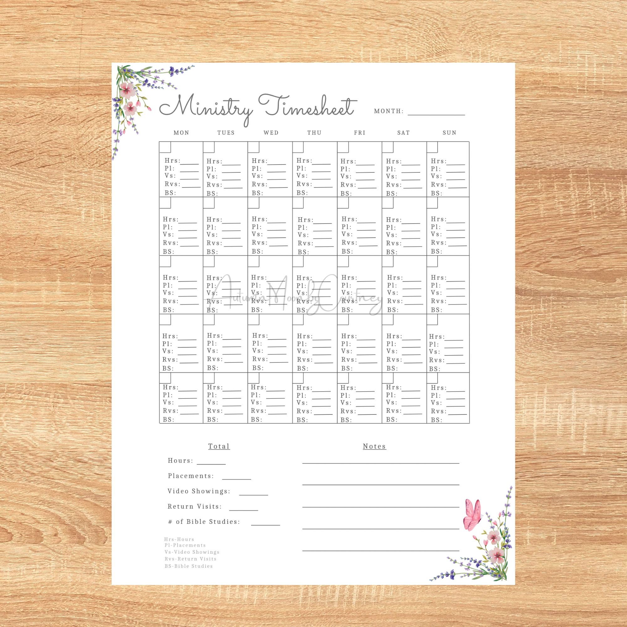 JW Printable Ministry Timesheet pink and Purple Floral - Etsy