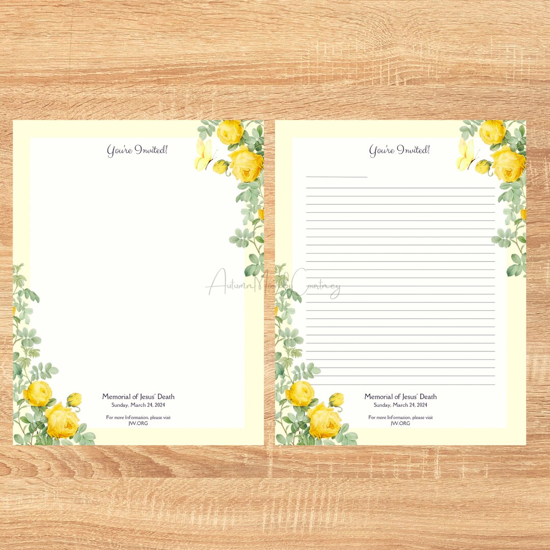 2024 JW Memorial Printable Letterhead/ Letter Writing yellow Rose ...
