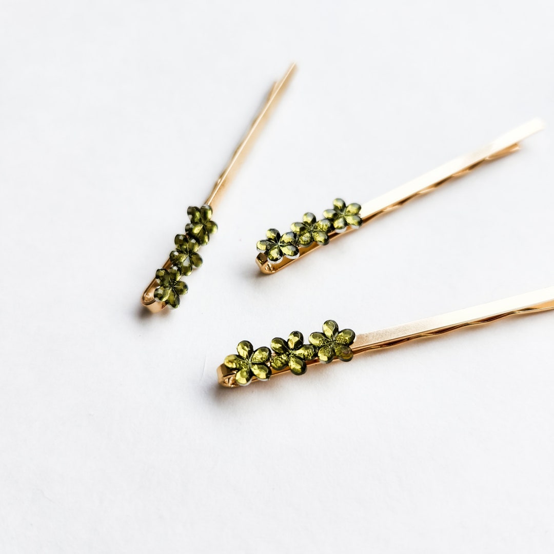 Priscilla Olive Green Retro Flower Rhinestone Hair Pins / Bobby Pins - Etsy