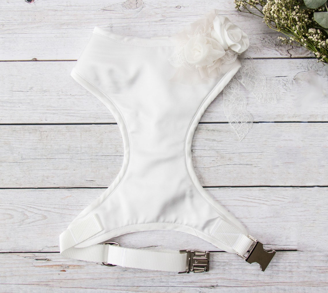 Set White Satin Wedding Dog Harness and Leash and Roses - Etsy