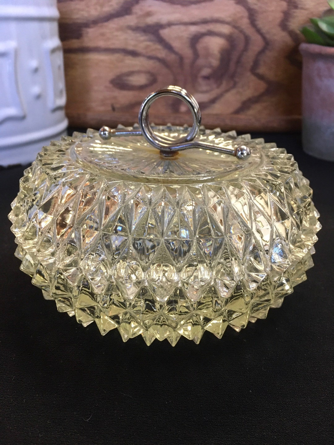 1960s Indiana Point Cut Glass Covered Candy Dish/metal Handle - Etsy
