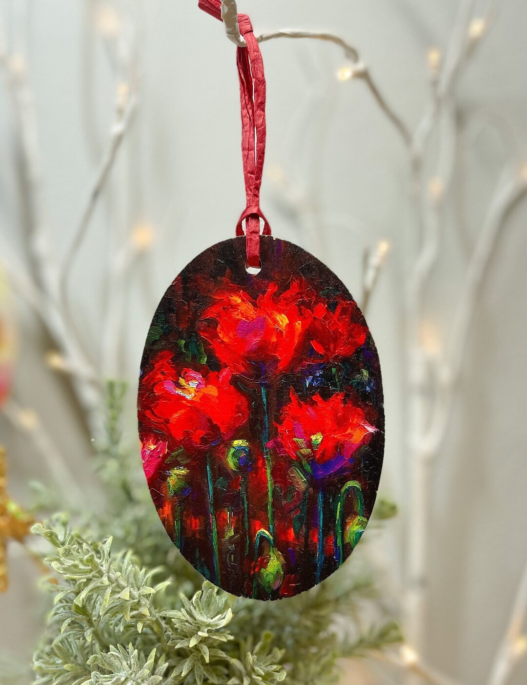 Red Poppy Art Christmas Ornaments, Rustic Holiday Decor Gift Poppy ...