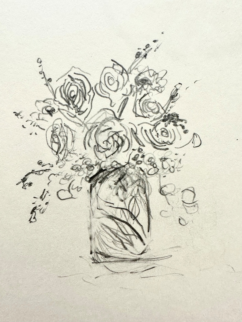 Original Abstract Pencil Drawing of Flower Vase, Fine Art, Flowers ...