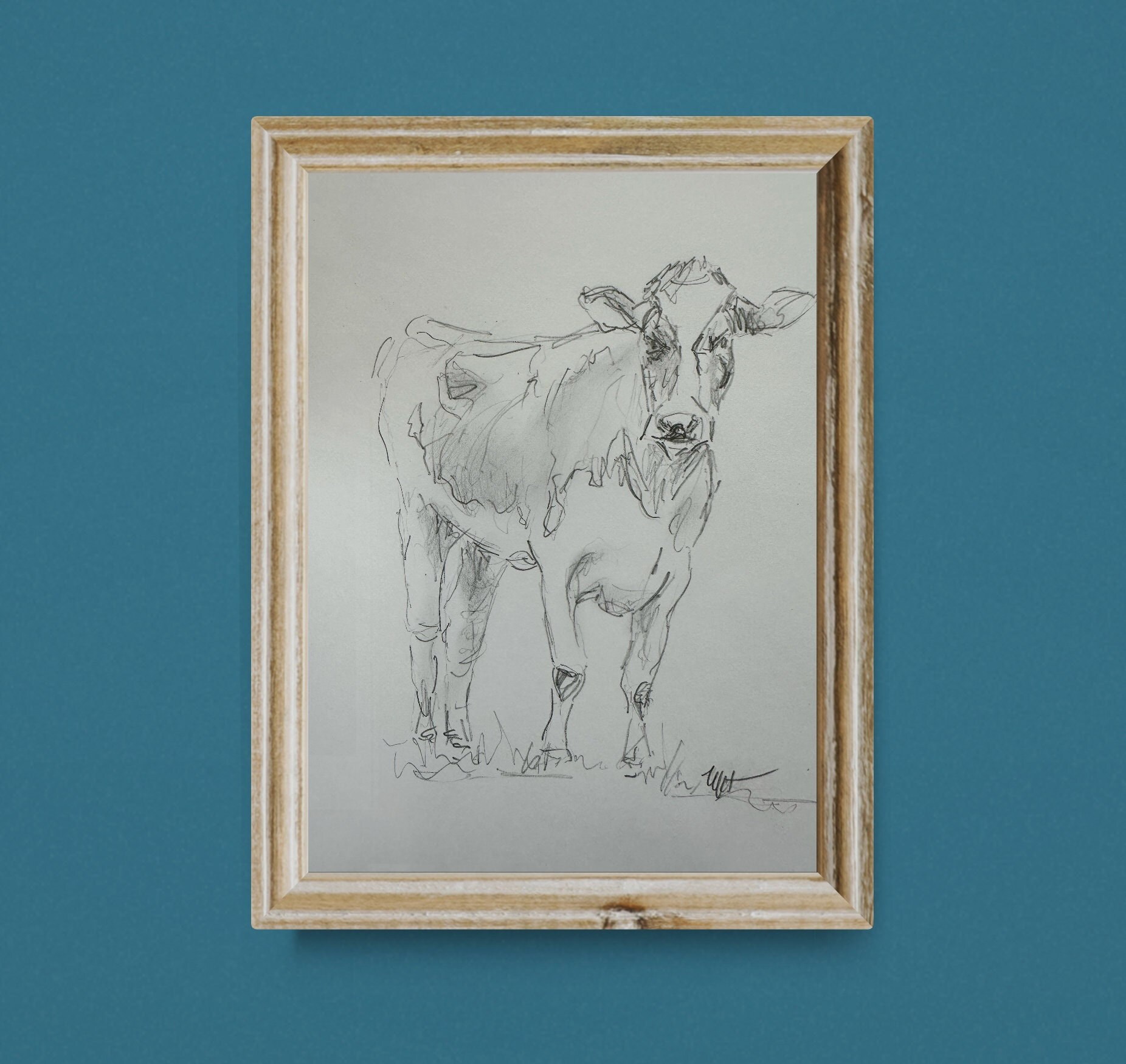 Original Pencil Drawing of Cow, Fine Art, Cow Print, Minimalist Wall ...
