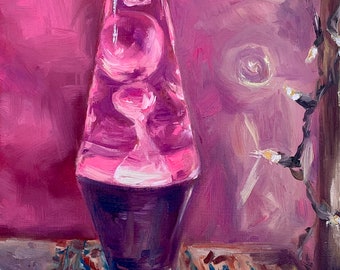 Red Lava Lamp Original Wall Art Print 90s Smiley Pink Handmade Painting ...