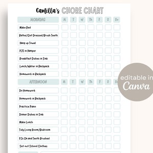 Daily Chore Chart for Kids | Printable Editable Template in Canva ...
