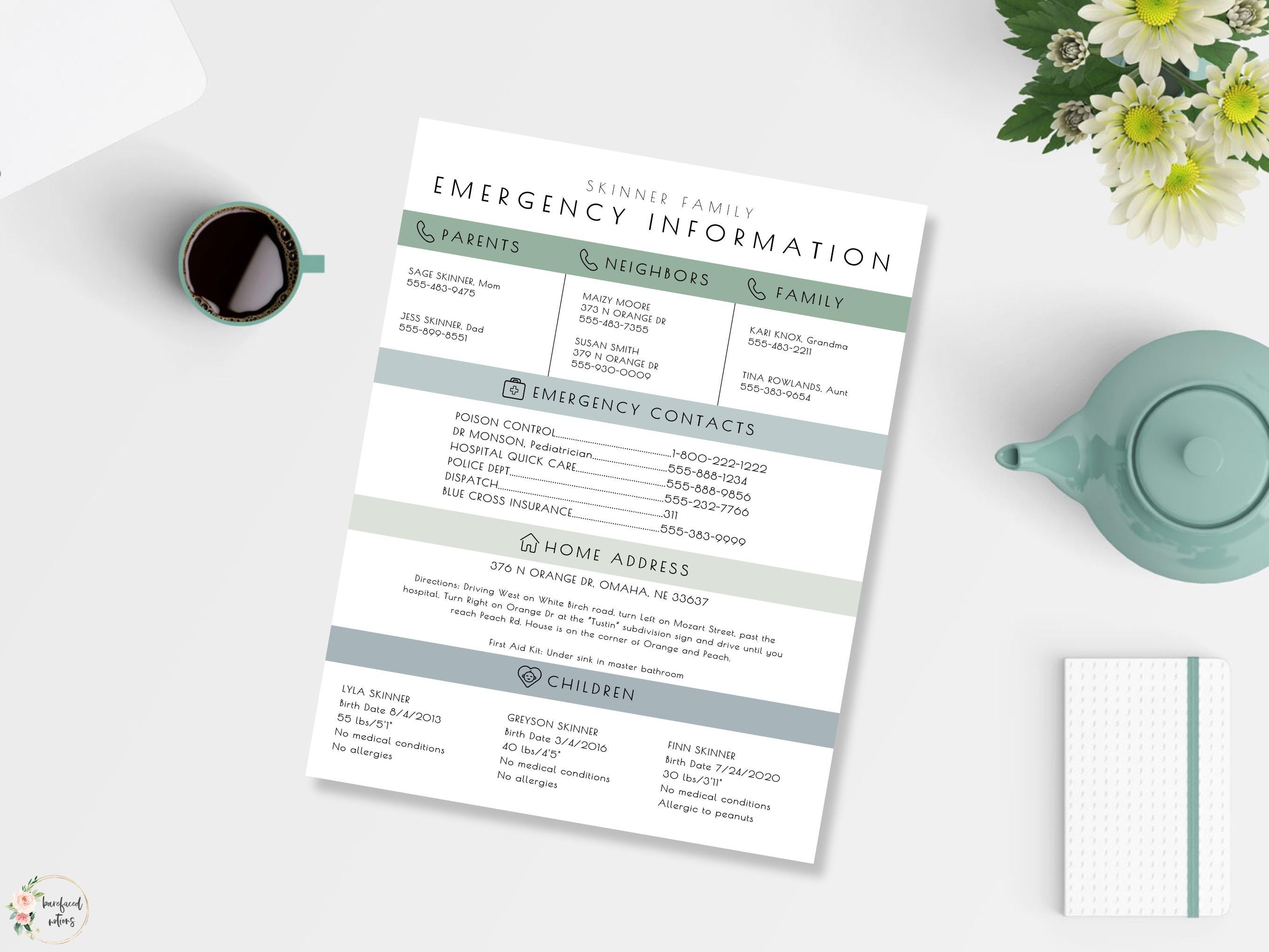Emergency Information Sheet | Editable Emergency Contact Info Template ...
