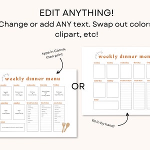 Weekly Dinner Menu Editable Printable | One Week Family Meal Plan ...