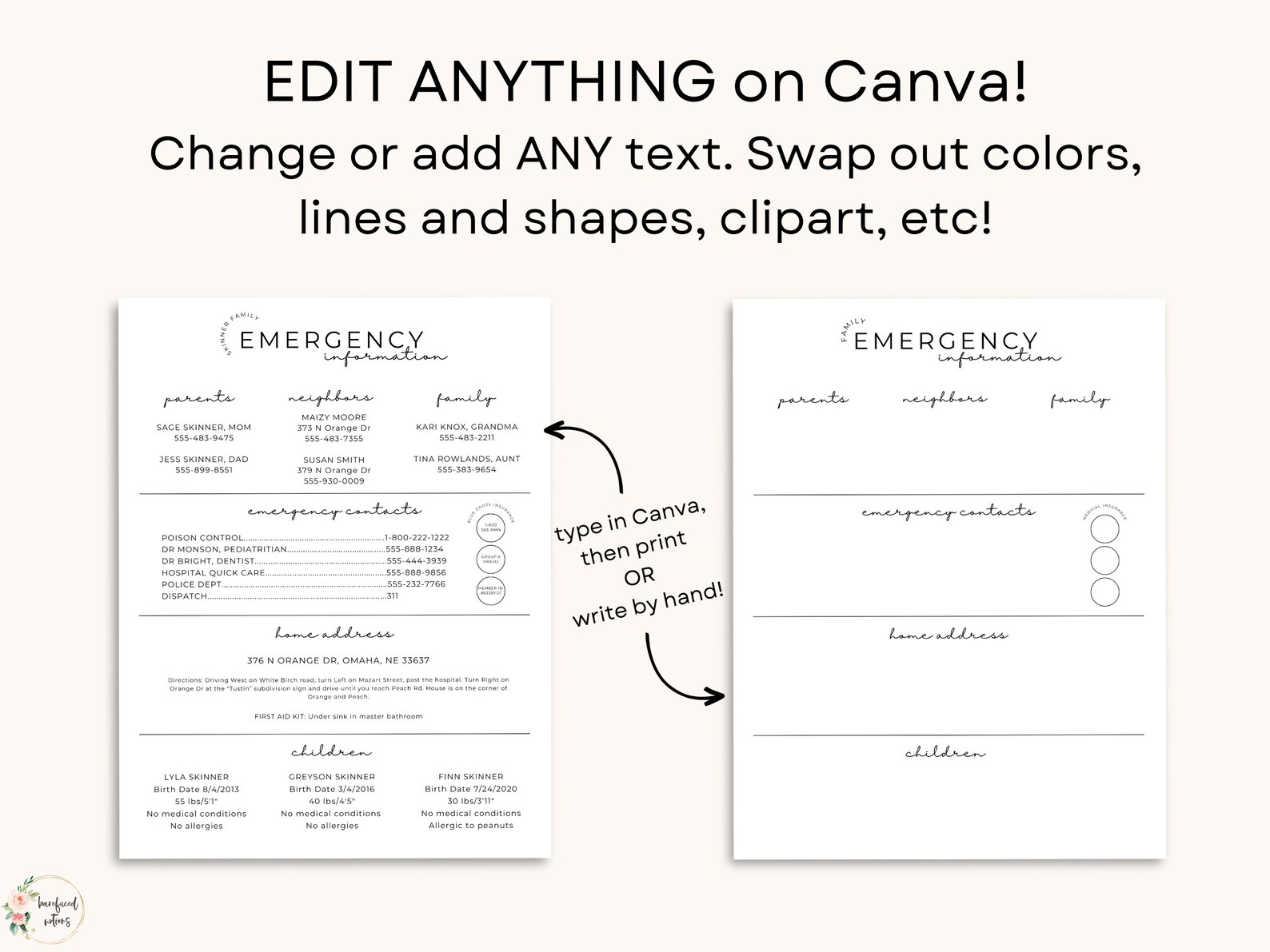 Emergency Information Sheet | Editable Emergency Contact Info Template ...