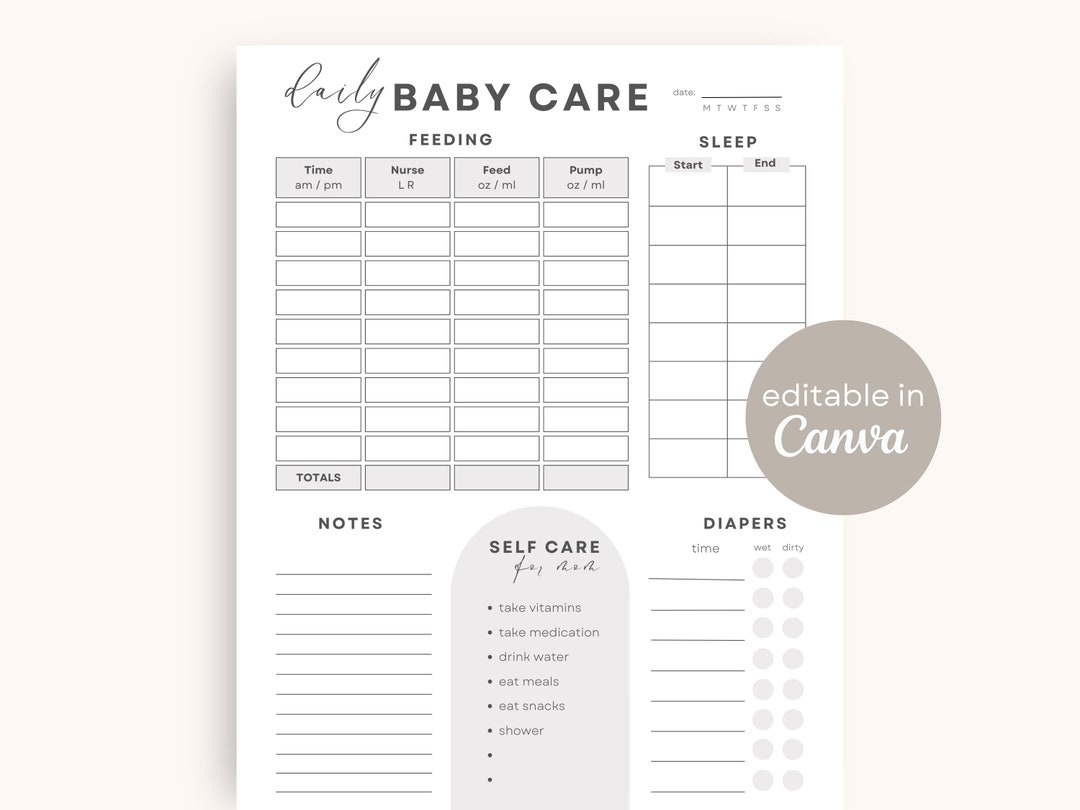 Daily Baby Tracker Printable | Taupe Editable Baby Log Book Newborn Log ...