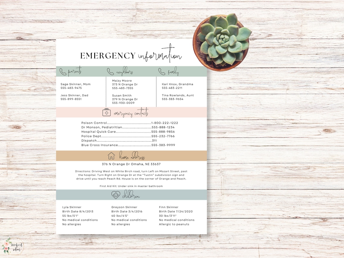 Emergency Information Sheet | Editable Emergency Contact Info Template ...