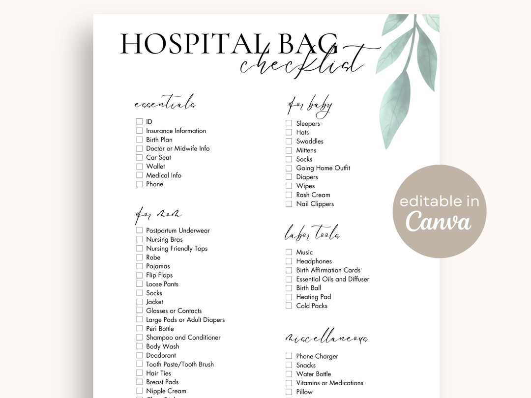 Hospital Bag Checklist Digital Download Editable Template on - Etsy