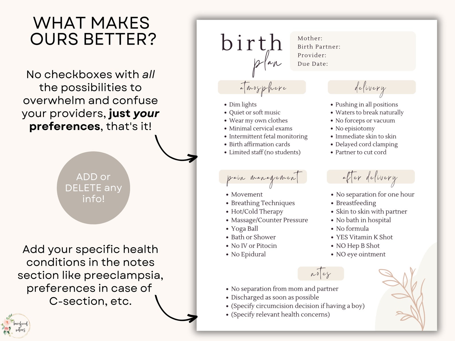 Birth Plan Template | Editable Birth Preferences on Canva Printable ...