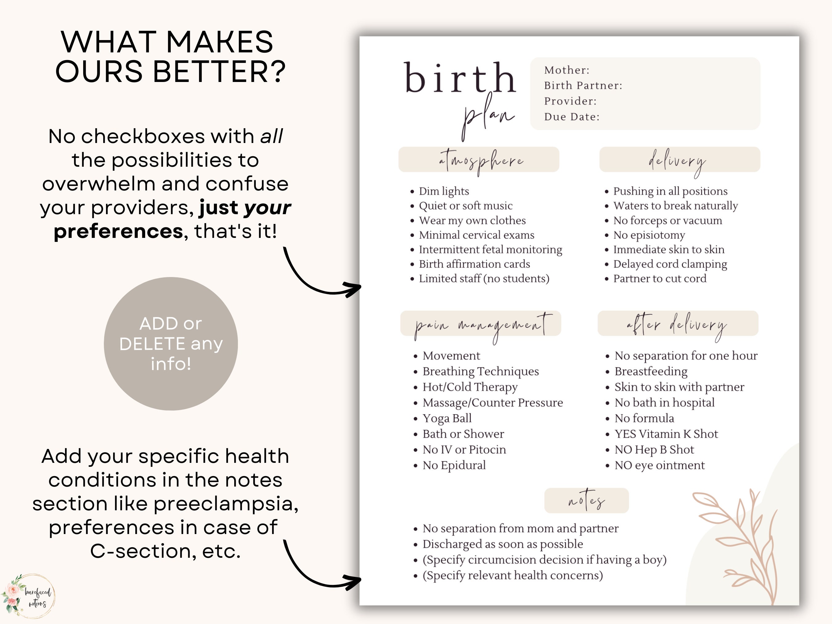 Birth Plan Template | Editable Birth Preferences on Canva Printable ...