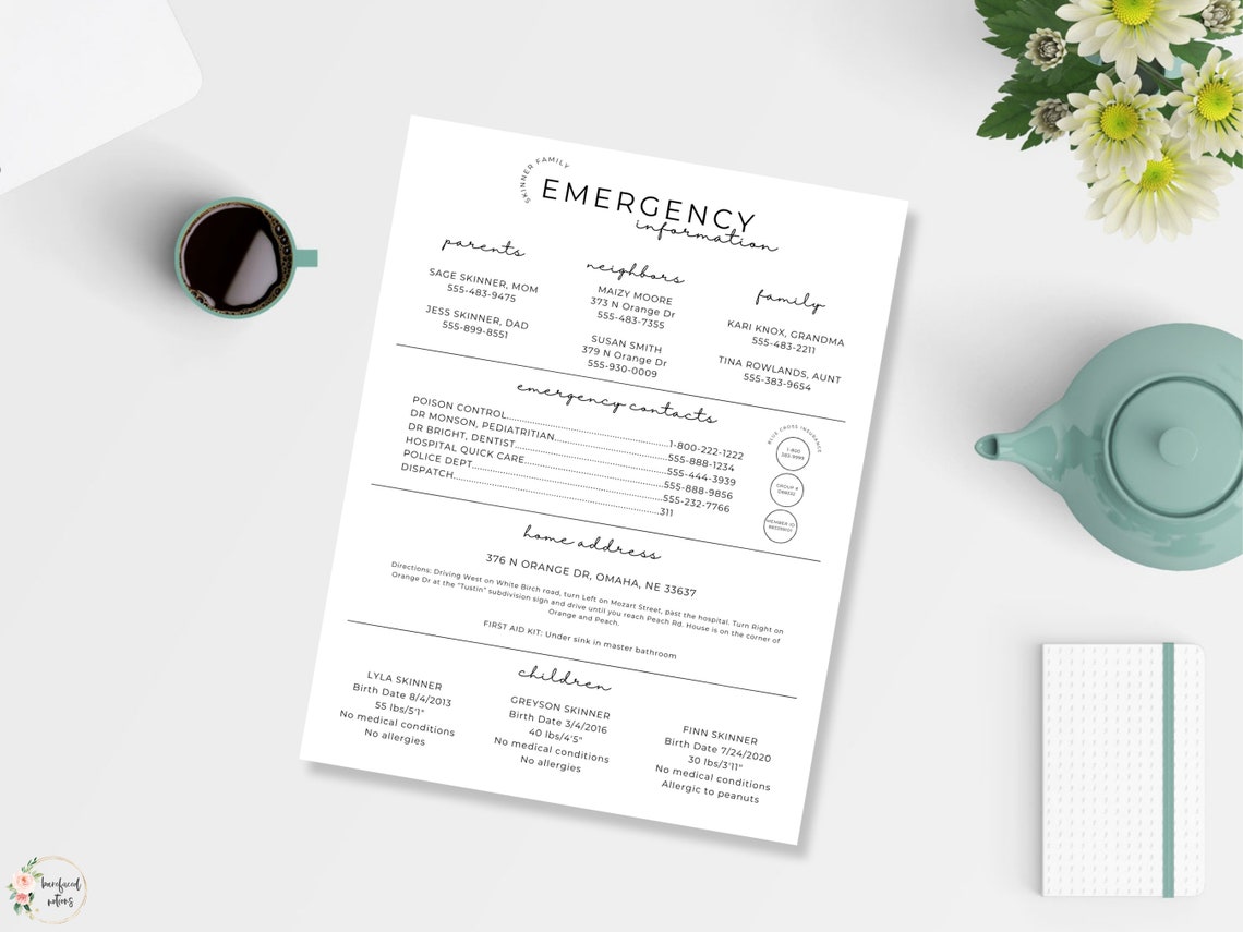 Emergency Information Sheet | Editable Emergency Contact Info Template ...