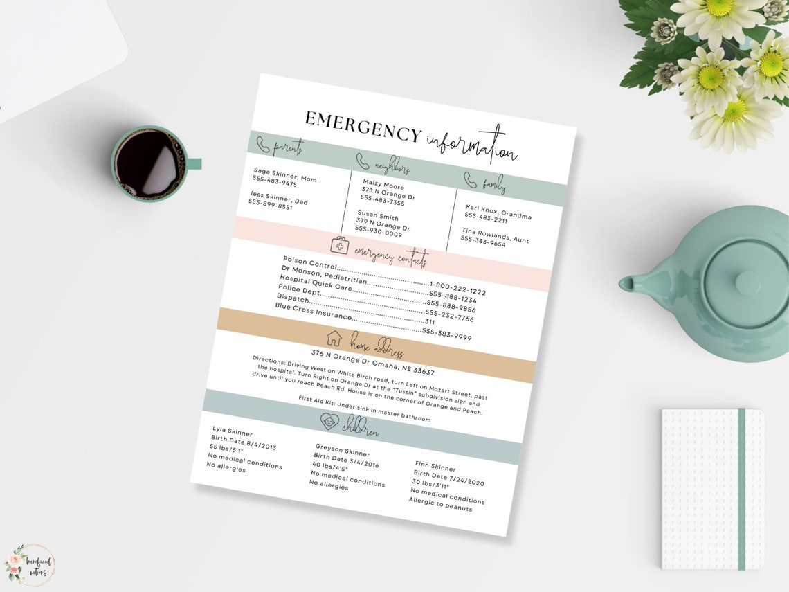 Emergency Information Sheet | Editable Emergency Contact Info Template ...
