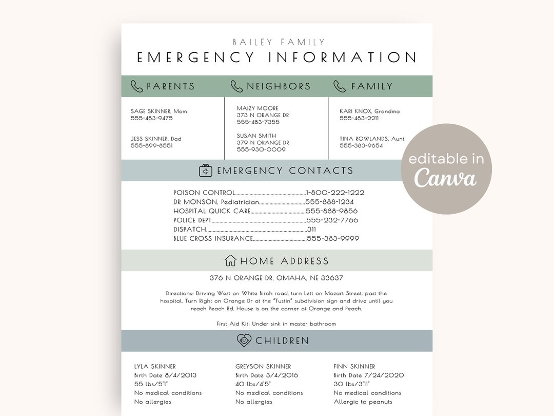 Emergency Information Sheet | Editable Emergency Contact Info Template ...