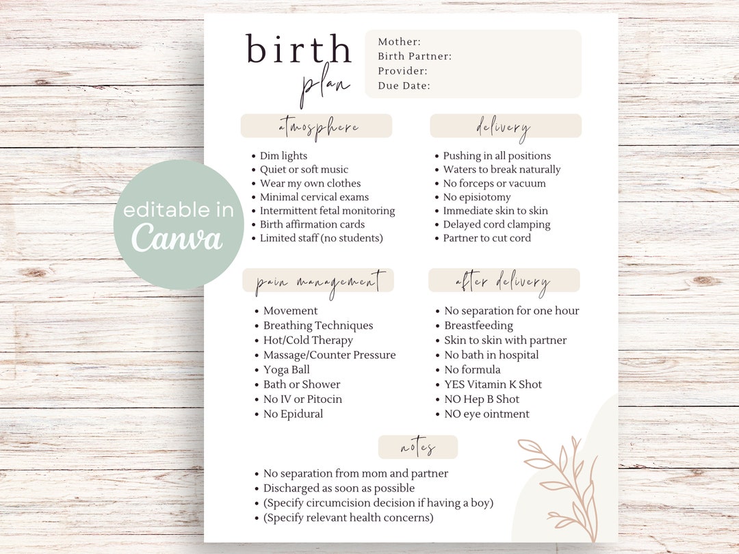 Birth Plan Template | Editable Birth Preferences on Canva Printable ...