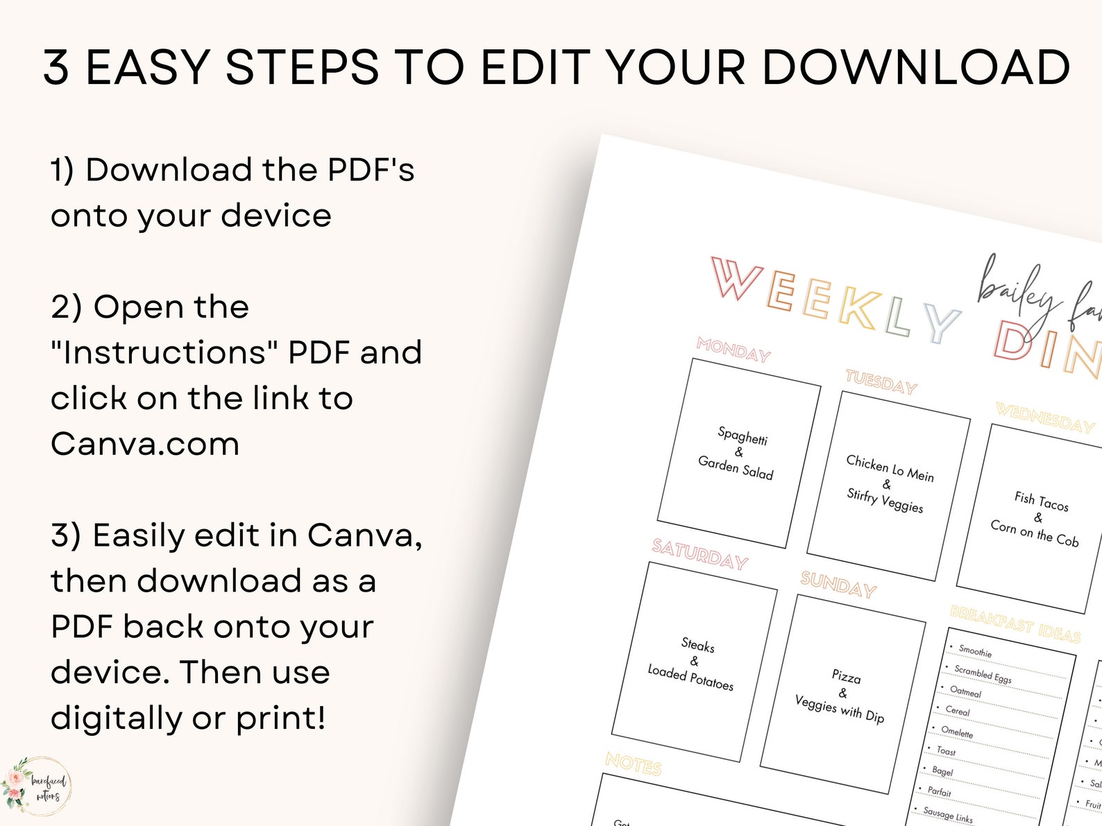 Weekly Dinner Menu Editable Printable | Family Meal Plan Rainbow ...