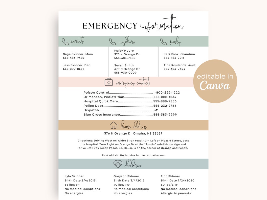 Emergency Information Sheet | Editable Emergency Contact Info Template ...
