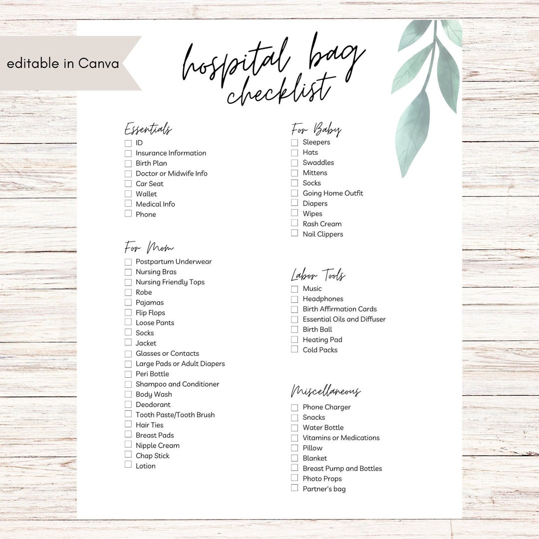 Hospital Bag Checklist Digital Download Editable Template on - Etsy