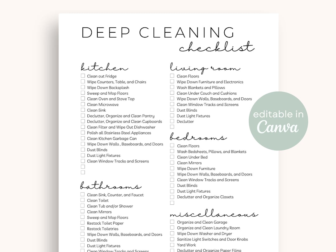 Deep Cleaning Checklist Printable Minimalist Weekly Cleaning - Etsy UK