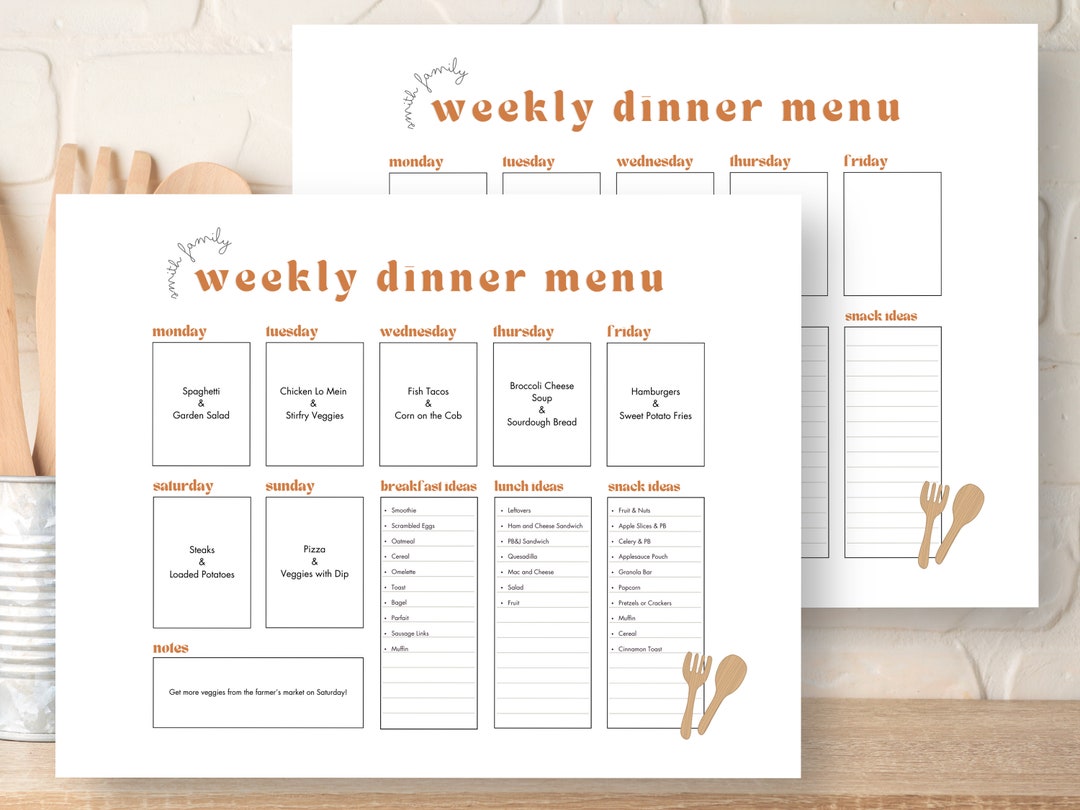 Weekly Dinner Menu Editable Printable | One Week Family Meal Plan ...