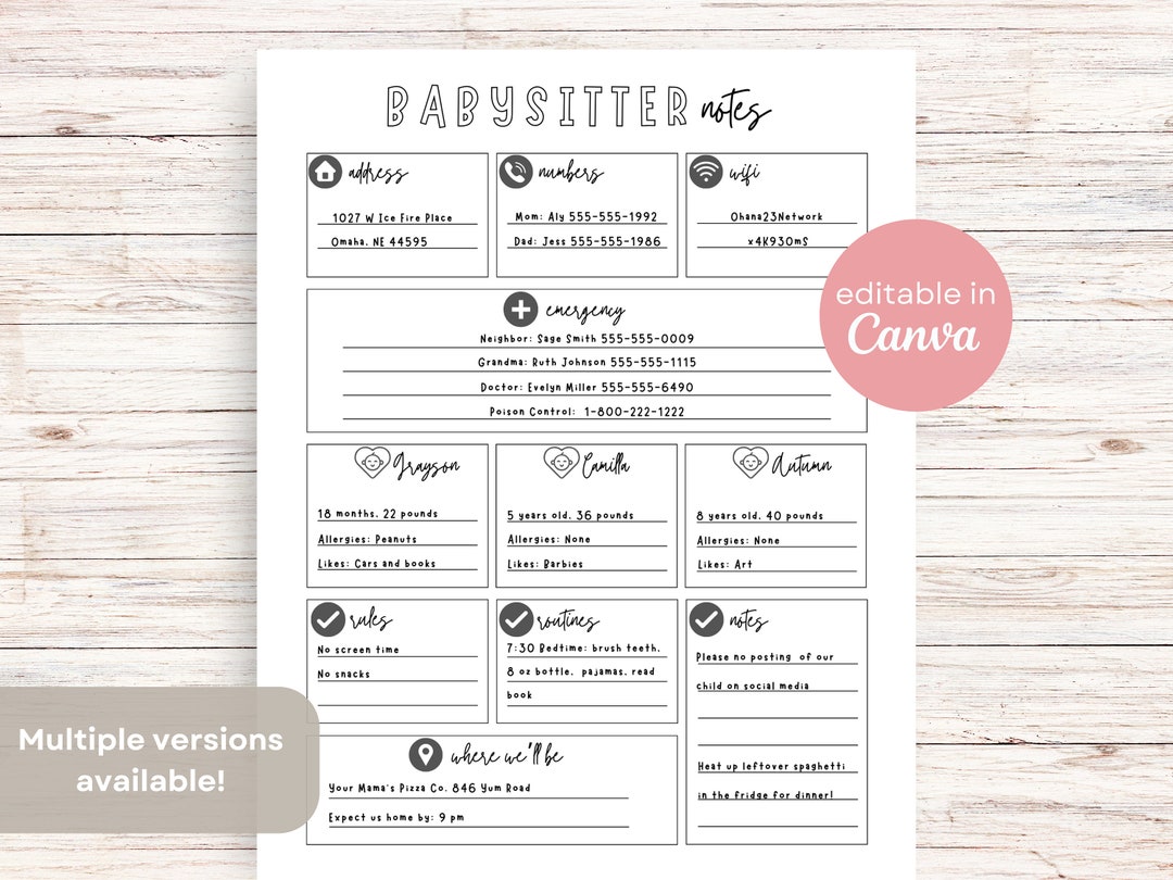 Babysitter Information Sheet | Editable Canva Template Babysitting ...