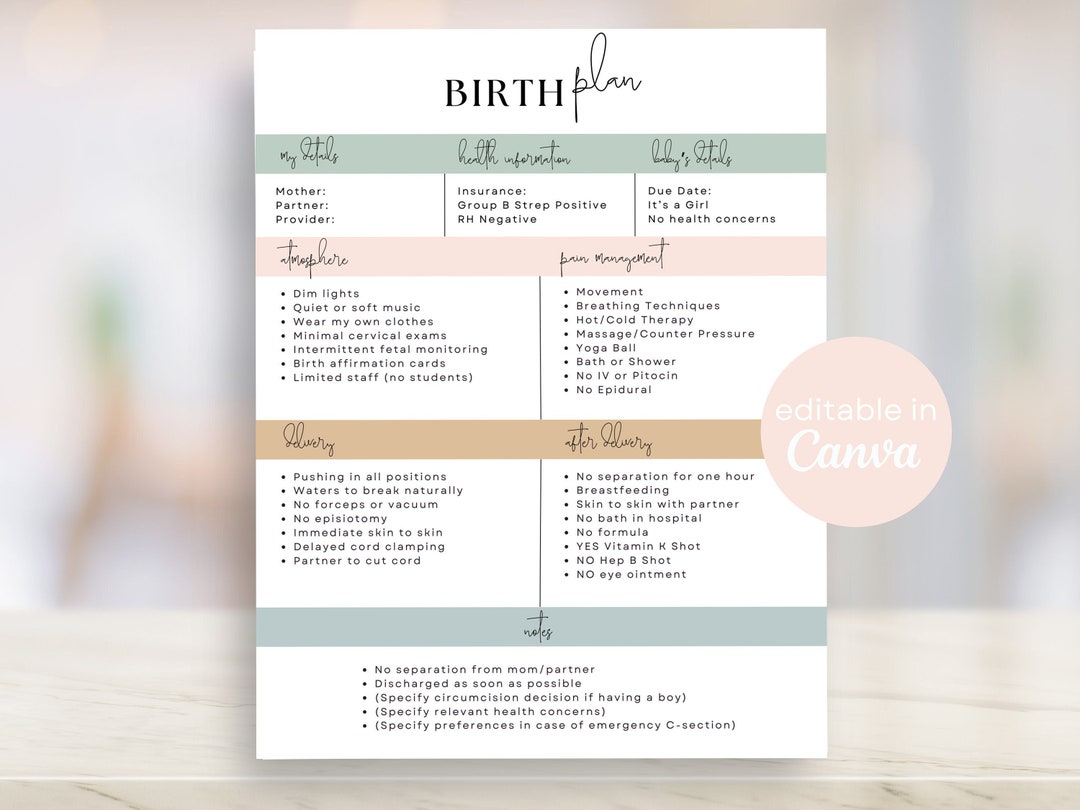 Birth Plan Template | Minimalist Editable Birth Preferences on Canva ...