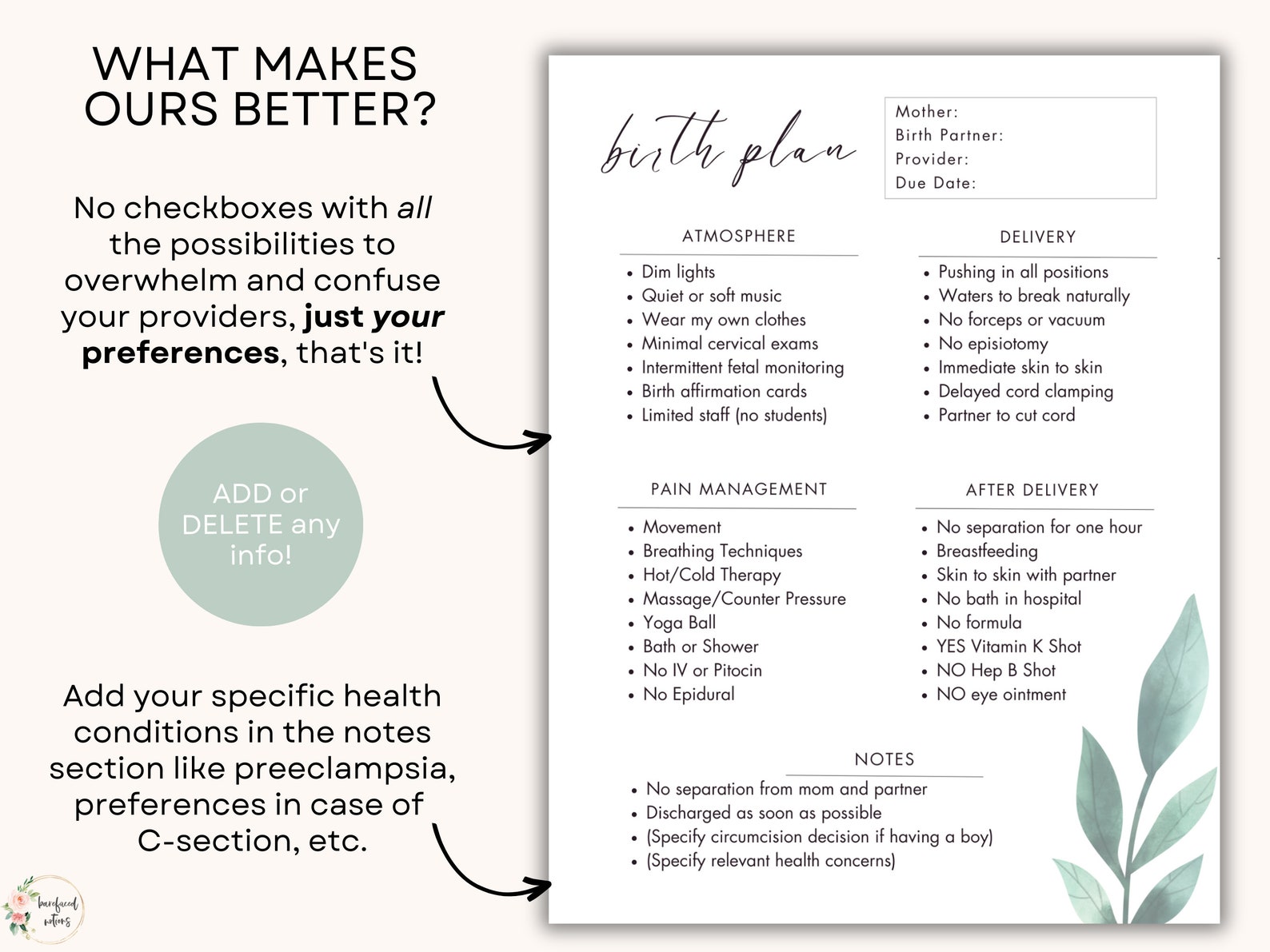 Birth Plan Template | Editable Birth Preferences on Canva Printable ...