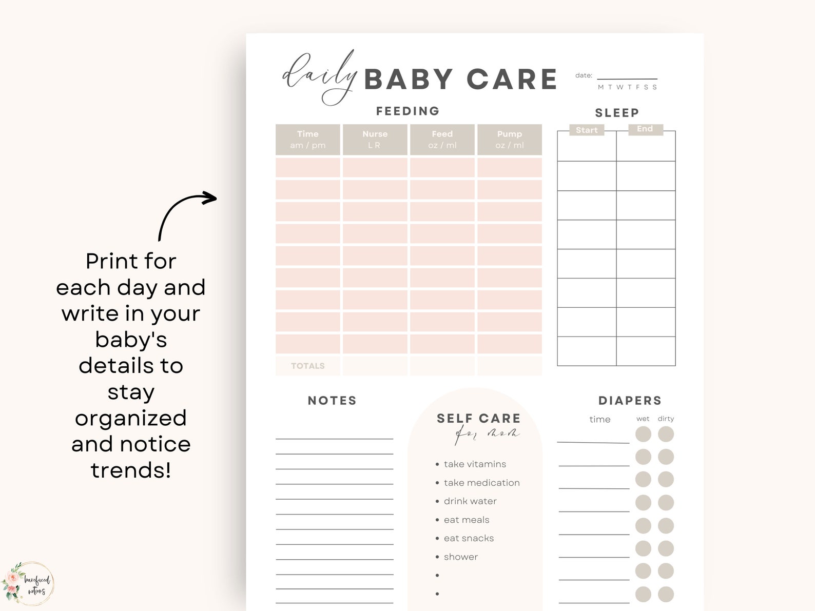 Daily Baby Tracker Printable EDITABLE | Blush Baby Log Book Newborn Log ...