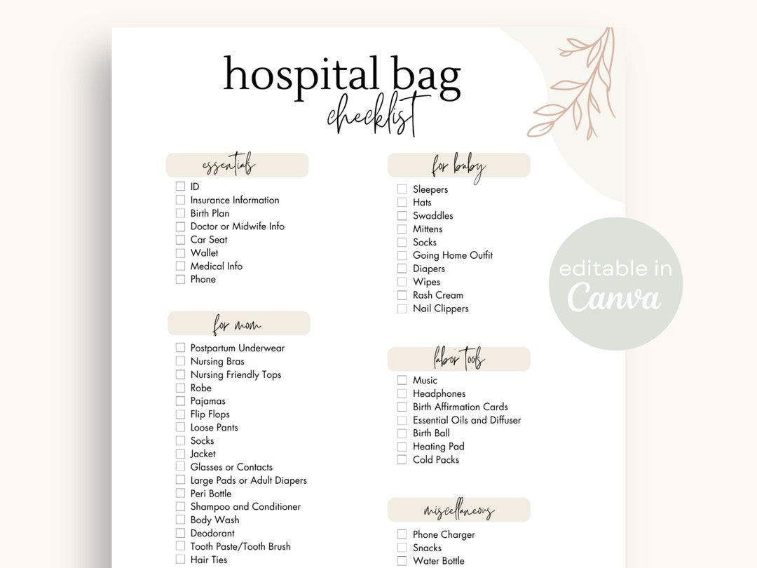 Hospital Bag Checklist Printable | Editable Minimalist Birth Packing ...