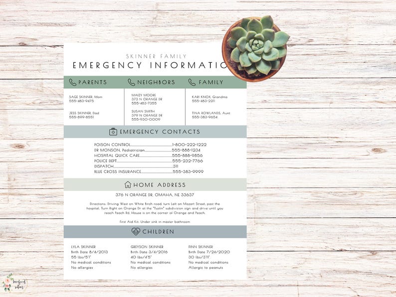 Emergency Information Sheet | Editable Emergency Contact Info Template ...