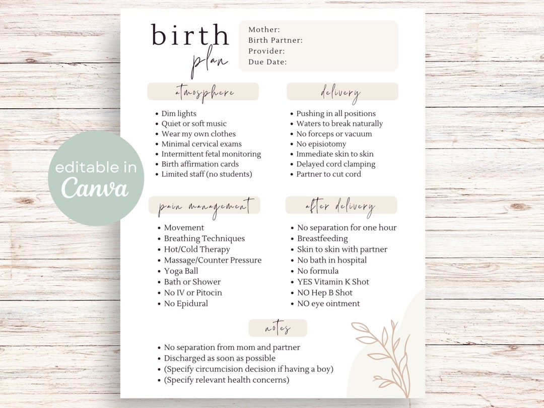 Birth Plan Template Editable Birth Preferences on Canva - Etsy