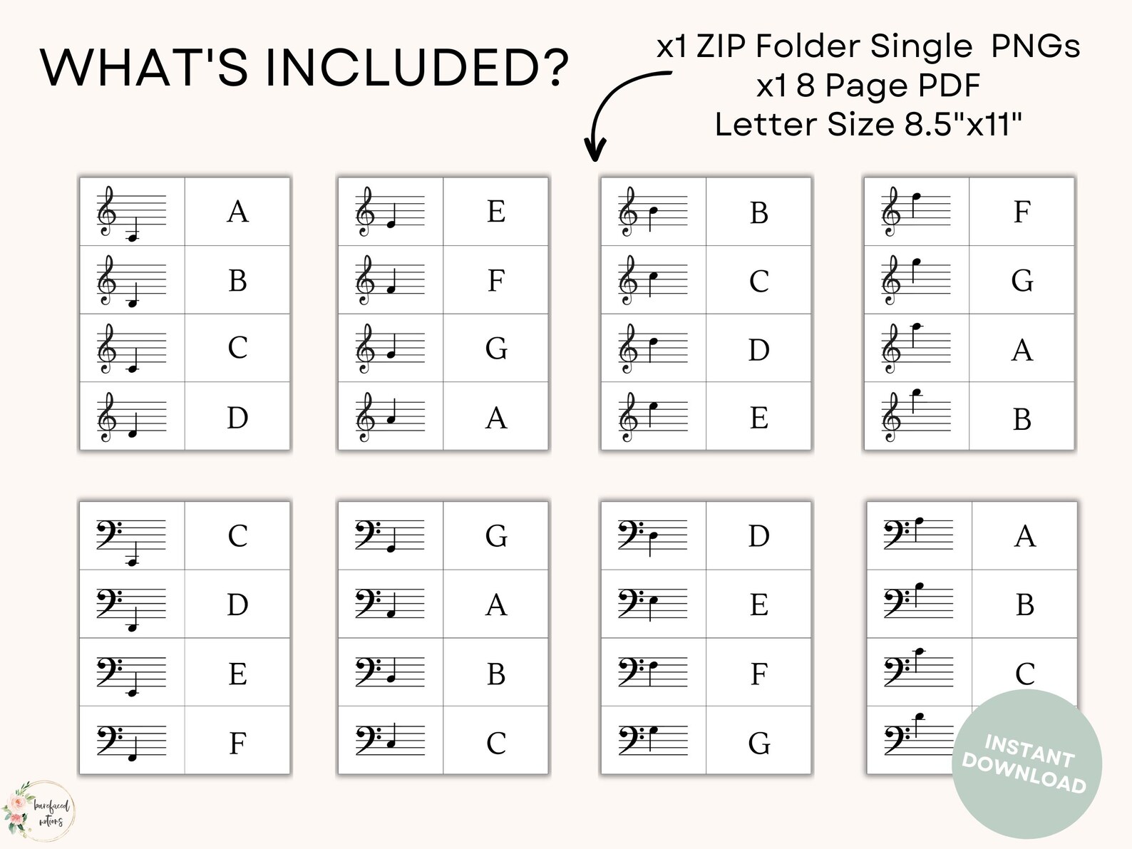 Music Notes Flash Cards Printable | Treble Clef and Bass Clef ...