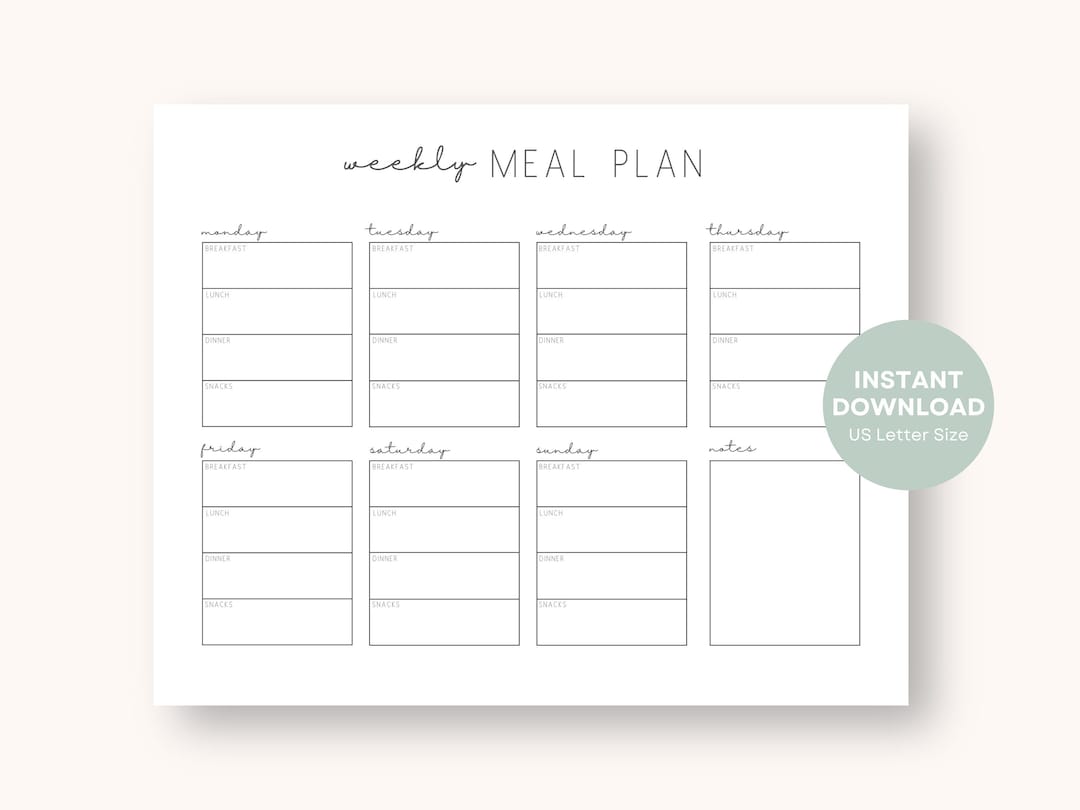 Weekly Meal Planner Printable | Instant Download | Landscape Meal Plan ...
