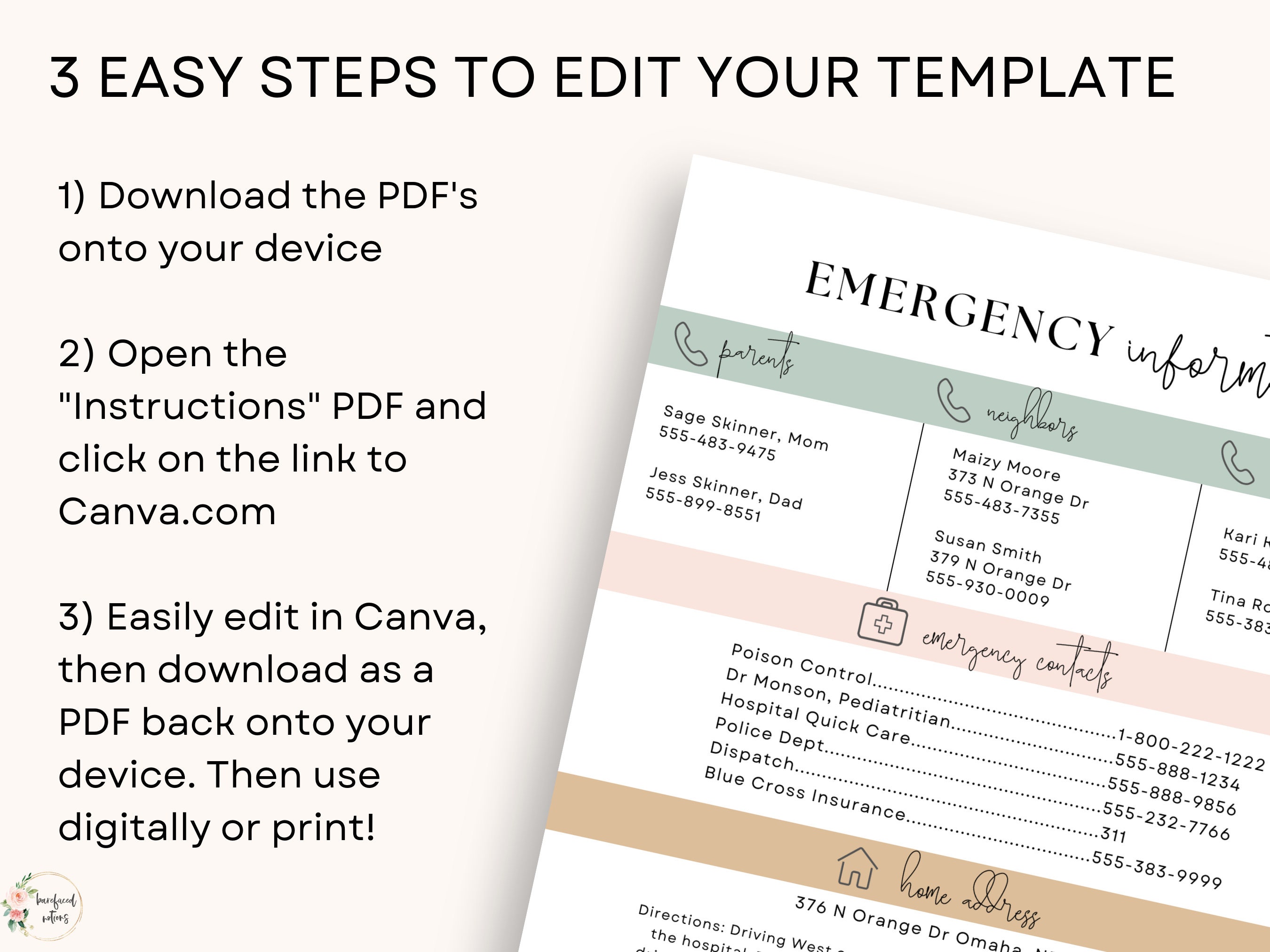 Emergency Information Sheet | Editable Emergency Contact Info Template ...