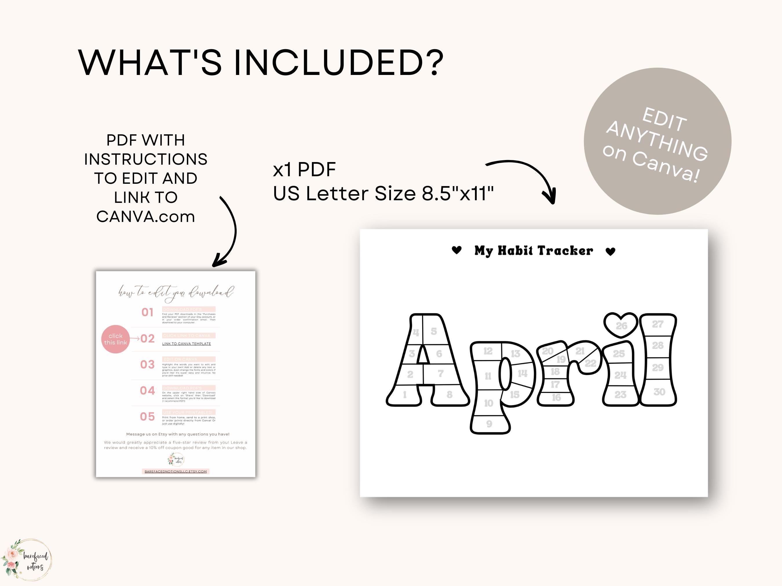 April 2025 Habit Tracker Editable Printable | Daily Workout Reading Log ...