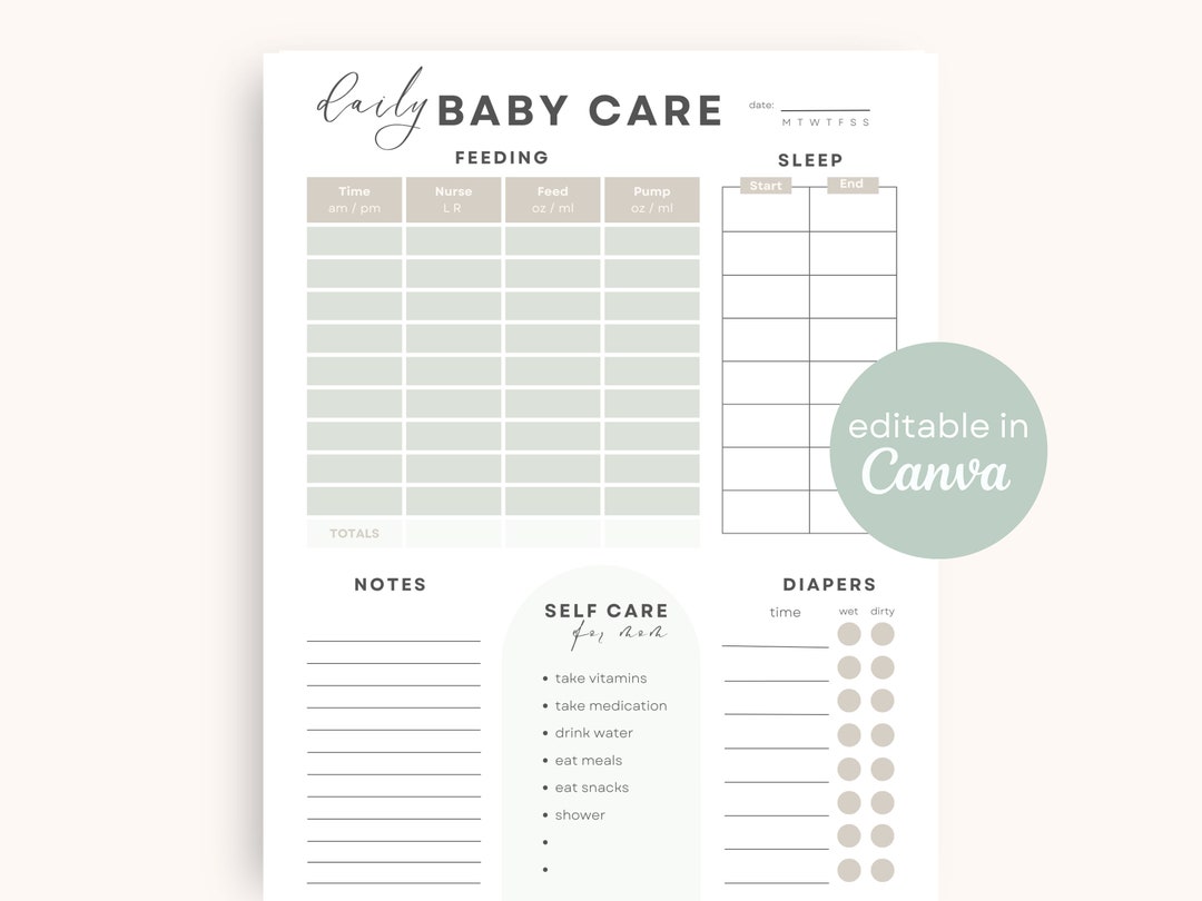 Daily Baby Tracker Printable | Sage Editable Baby Log Book Newborn Log ...